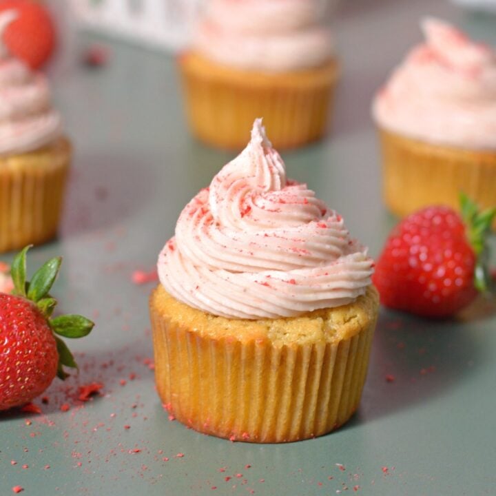 Fluffy Vanilla Protein Powder Cupcakes with Strawberry Frosting - Joy ...